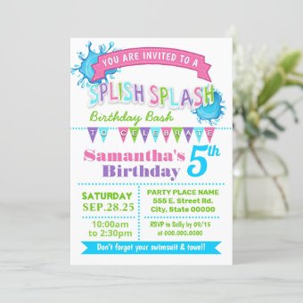 Splish splash birthday bash pink party invitation | Zazzle