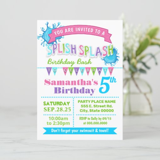 Splish splash birthday bash pink party invitation | Zazzle