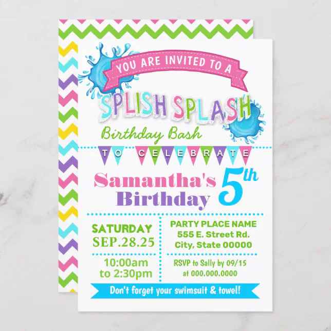 Splish splash birthday bash pink party invitation | Zazzle