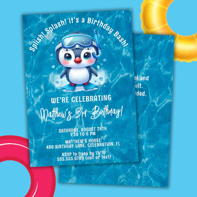 Splish Splash Boy Penguin Pool Birthday Party Invitation | Zazzle