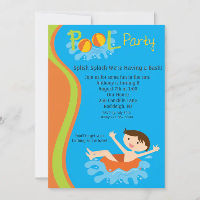 Splish Splash Boys Pool Party Birthday Invite | Zazzle