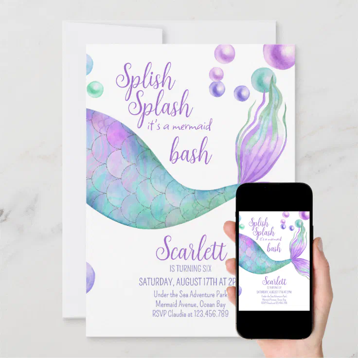 Splish Splash its a Mermaid Bash Birthday Party Invitation | Zazzle