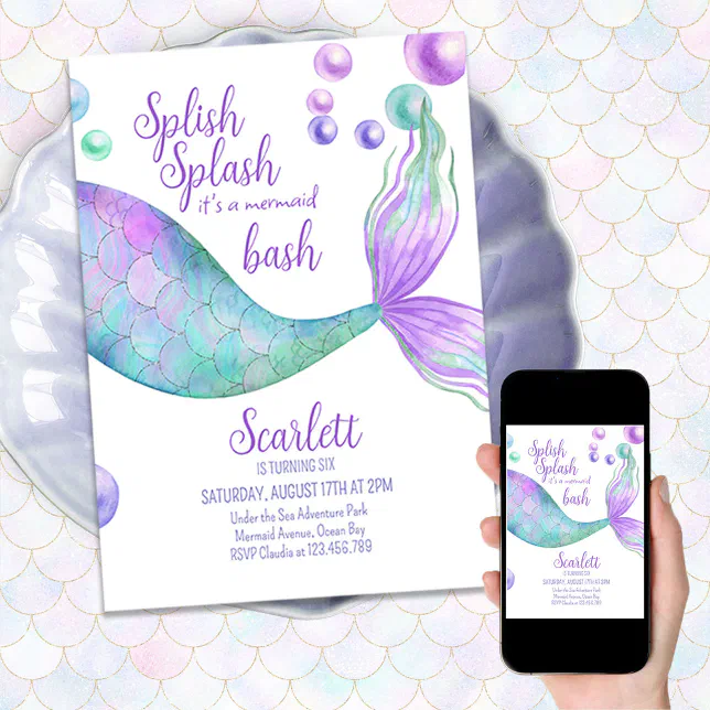 Splish Splash its a Mermaid Bash Birthday Party Invitation | Zazzle