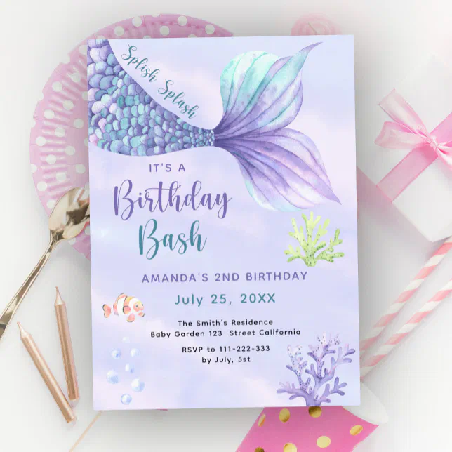 Splish Splash it's Birthday Bash Mermaid birthday Invitation | Zazzle