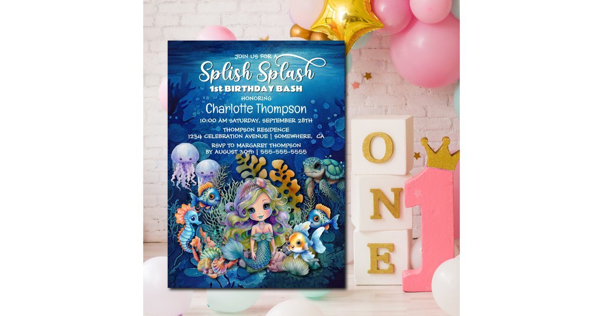 Splish Splash Mermaid 1st Birthday Bash Invitation | Zazzle