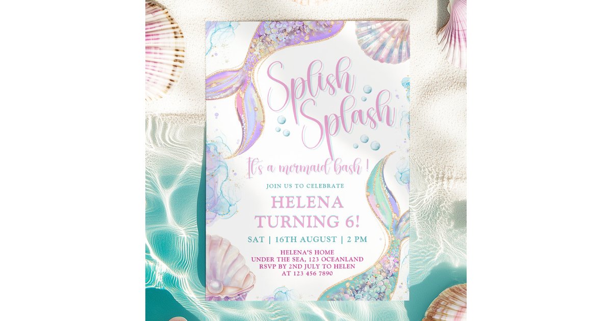 Splish Splash Mermaid 6th Birthday Invitation | Zazzle