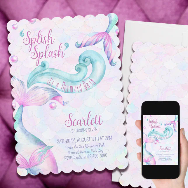 Splish Splash Mermaid Bash Girl Birthday Party Invitation | Zazzle