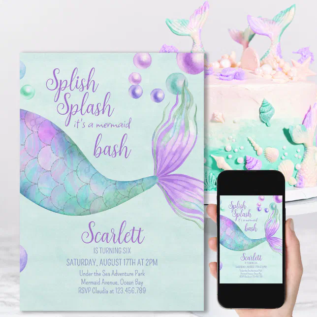 Splish Splash Mermaid Bash Girls Birthday Party Invitation | Zazzle