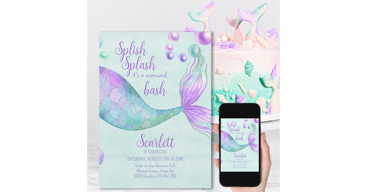 Splish Splash Mermaid Bash Girls Birthday Party Invitation | Zazzle
