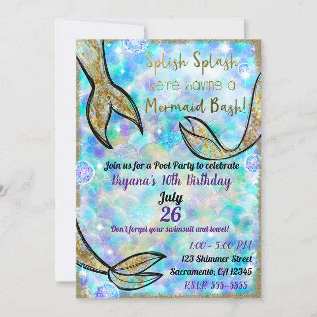 Splish Splash Mermaid Bash Pool Party Birthday Invitation | Zazzle