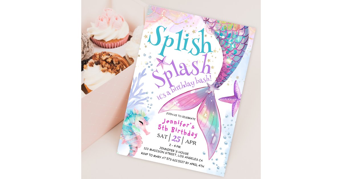 Splish Splash Mermaid Birthday Party Invitation | Zazzle