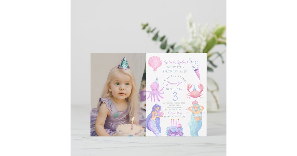 Splish Splash Mermaid Birthday Photo Invitation | Zazzle