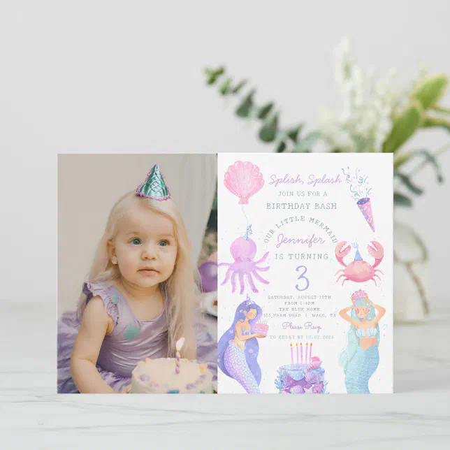 Splish Splash Mermaid Birthday Photo Invitation | Zazzle