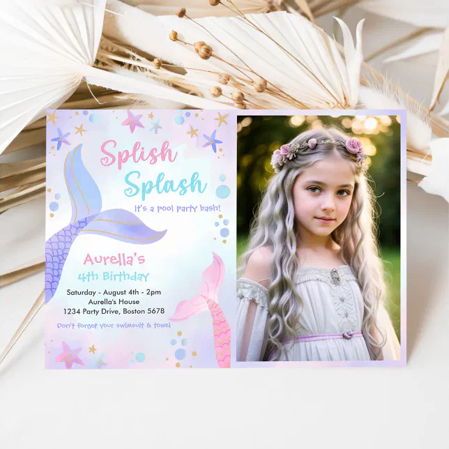 Splish Splash Mermaid Girl 4th Birthday Photo Invitation | Zazzle