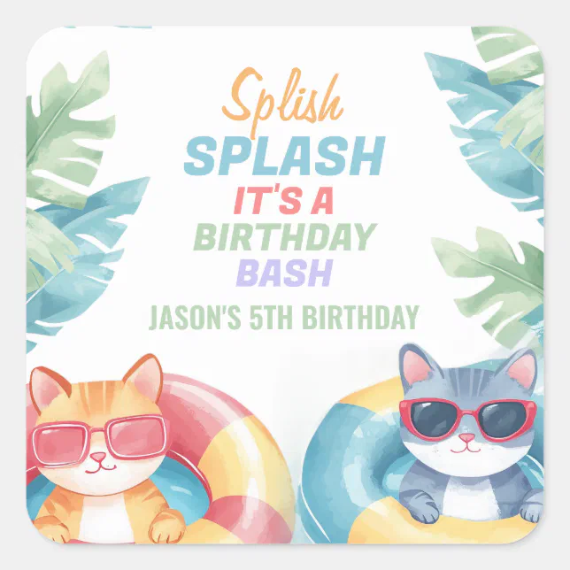 Splish Splash Pool Party Birthday Square Sticker | Zazzle