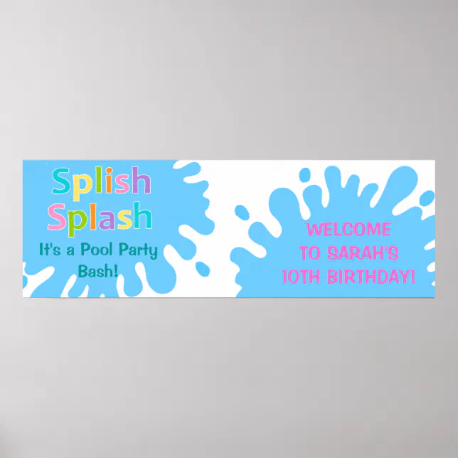 Splish Splash Pool Party Girl Birthday Banner Poster | Zazzle