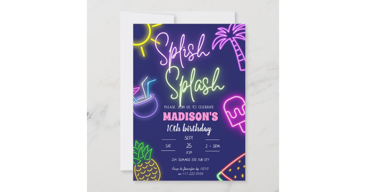 Splish Splash Pool Party Glow Neon Birthday Invitation | Zazzle