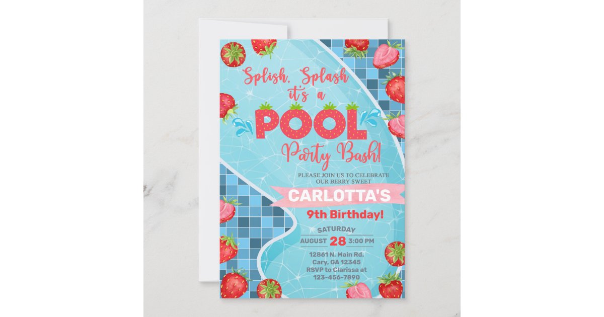 Splish splash strawberries pool party invitation. invitation | Zazzle
