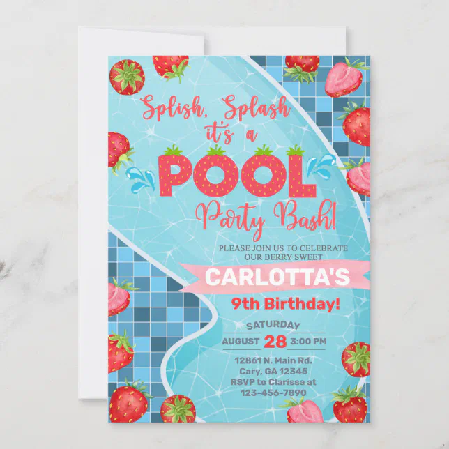 Splish splash strawberries pool party invitation. invitation | Zazzle