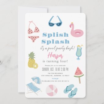 Splish Splash Summer Pool Party Girl Birthday Invitation | Zazzle