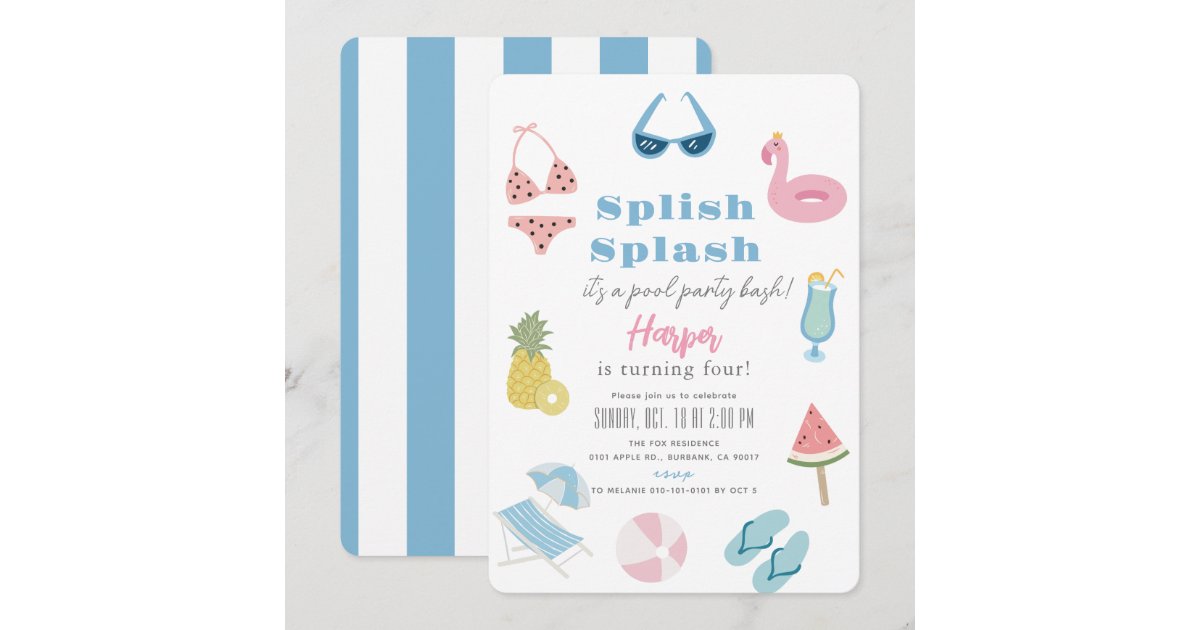Splish Splash Summer Pool Party Girl Birthday Invitation | Zazzle