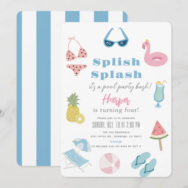 Splish Splash Summer Pool Party Girl Birthday Invitation | Zazzle