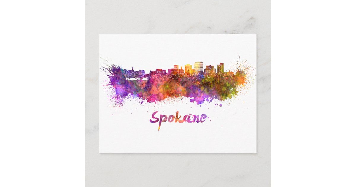 Spokane skyline in watercolor postcard | Zazzle