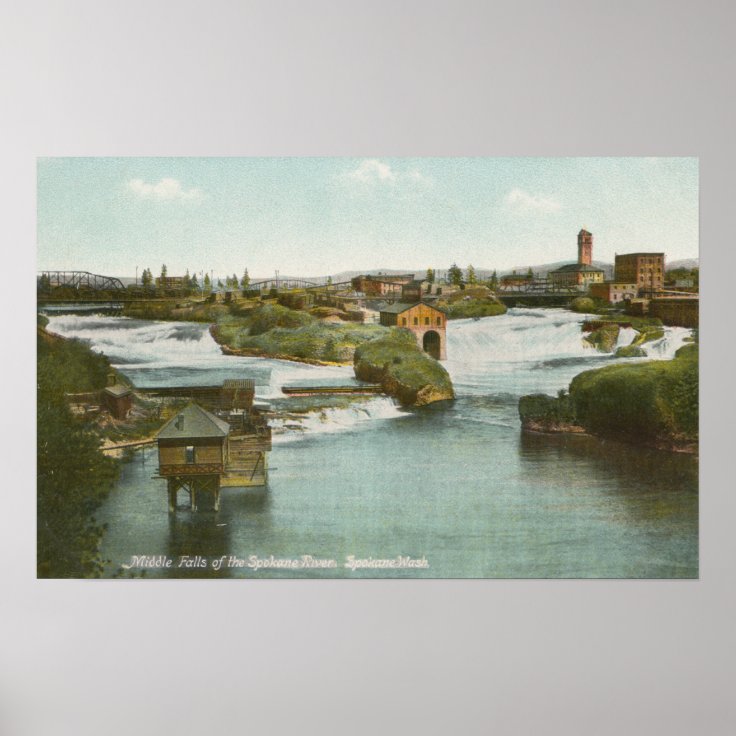 Spokane, WA - View of Middle Falls & River Poster | Zazzle