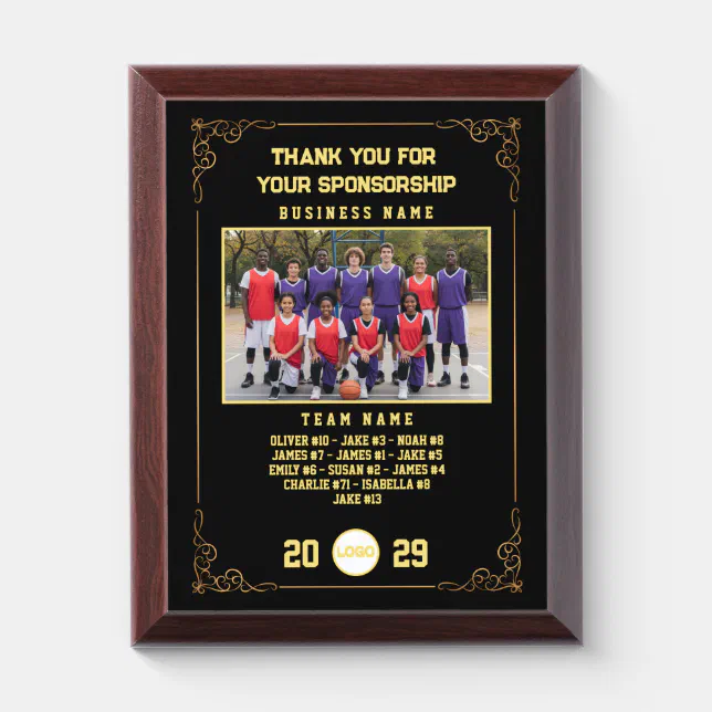 Sponsor Appreciation, Custom Basketball Team Photo Award Plaque | Zazzle