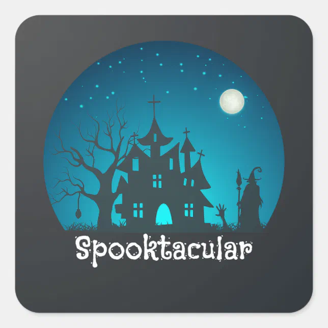 Spooktacular Blue and Black Haunted House Square Sticker | Zazzle