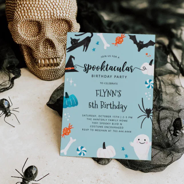 Spooktacular Halloween Birthday Blue Invitation | Zazzle