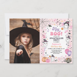 Spooktacular Pink Ghost Halloween Birthday Girl Invitation | Zazzle