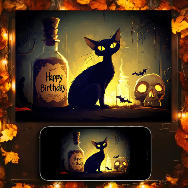 Spooky Black Cat and Skull Halloween Birthday Card | Zazzle