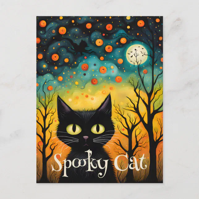 Spooky Black Cat Halloween Postcard | Zazzle