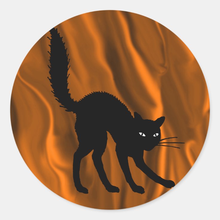 Spooky Black Cat with Back Arched Halloween Classic Round Sticker | Zazzle