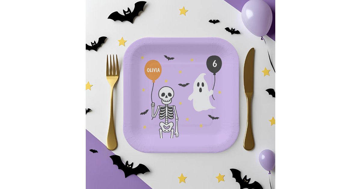 Spooky Cute Skeleton & Ghost Halloween Birthday Paper Plates | Zazzle