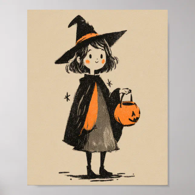 Spooky Cute Witch Girl Retro Halloween Nursery Poster | Zazzle
