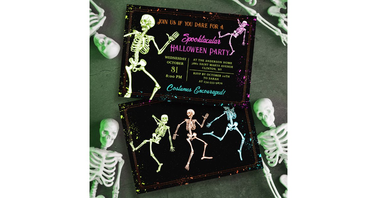 Spooky Dancing Skeleton Black Halloween Party Invitation | Zazzle