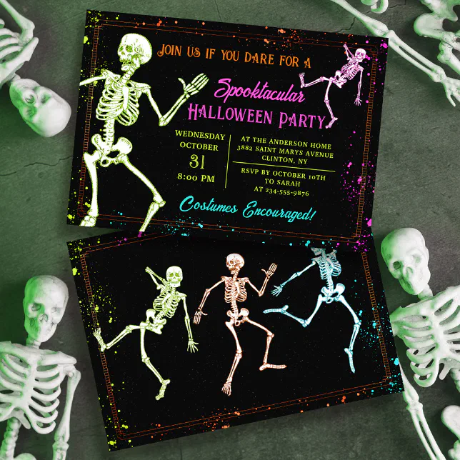 Spooky Dancing Skeleton Black Halloween Party Invitation | Zazzle