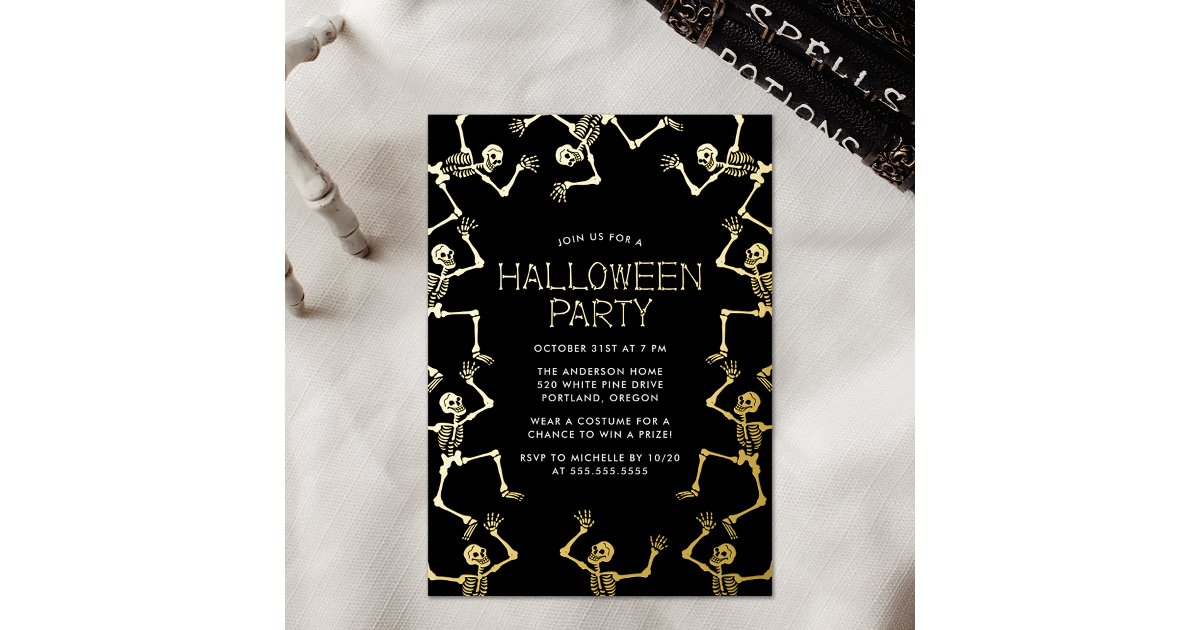Spooky Dancing Skeletons Halloween Party Foil Invitation | Zazzle