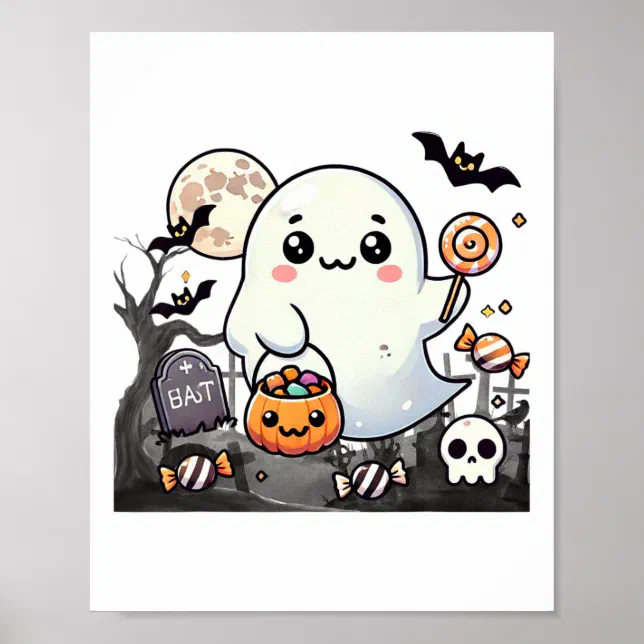 Spooky Friends Cute Halloween Ghost Pumpkin Moon Poster | Zazzle