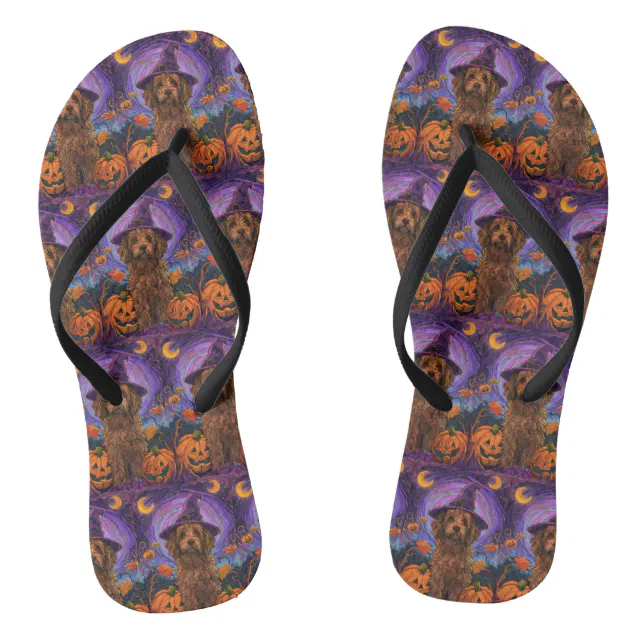 Spooky Goldendoodle Dog Halloween Witch Pumpkin Flip Flops | Zazzle