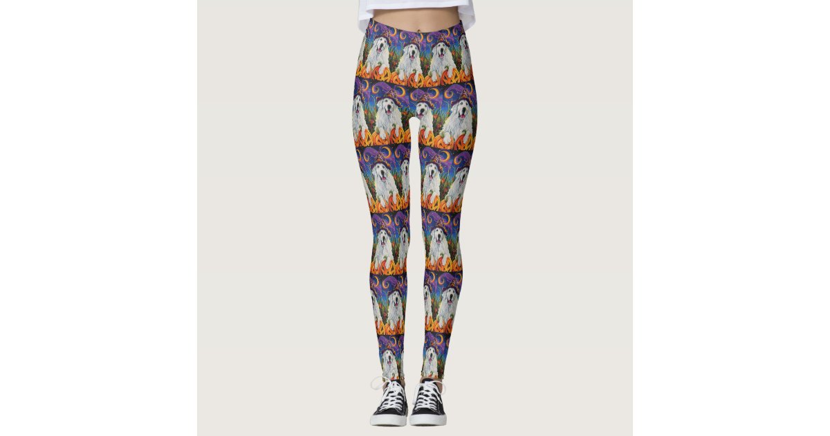 Spooky Great Pyrenees Dog Halloween Witch Pumpkin Leggings | Zazzle