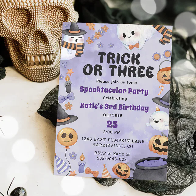 Spooky Halloween Cute Ghost 3rd Birthday Invitation | Zazzle