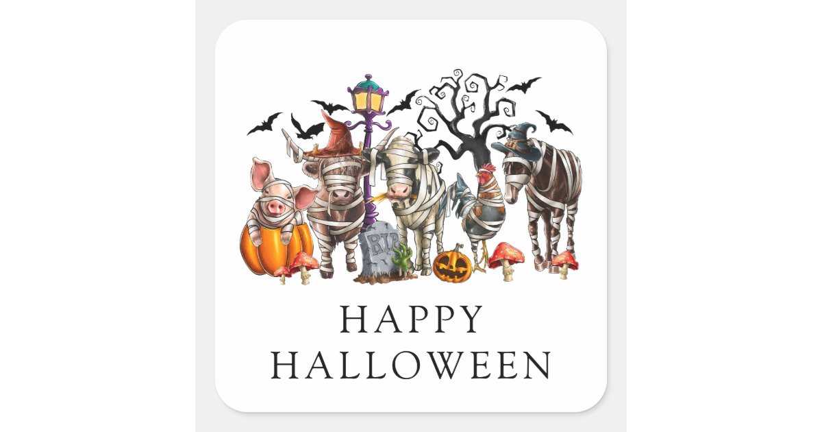 Spooky Halloween Farm Animals Square Sticker | Zazzle