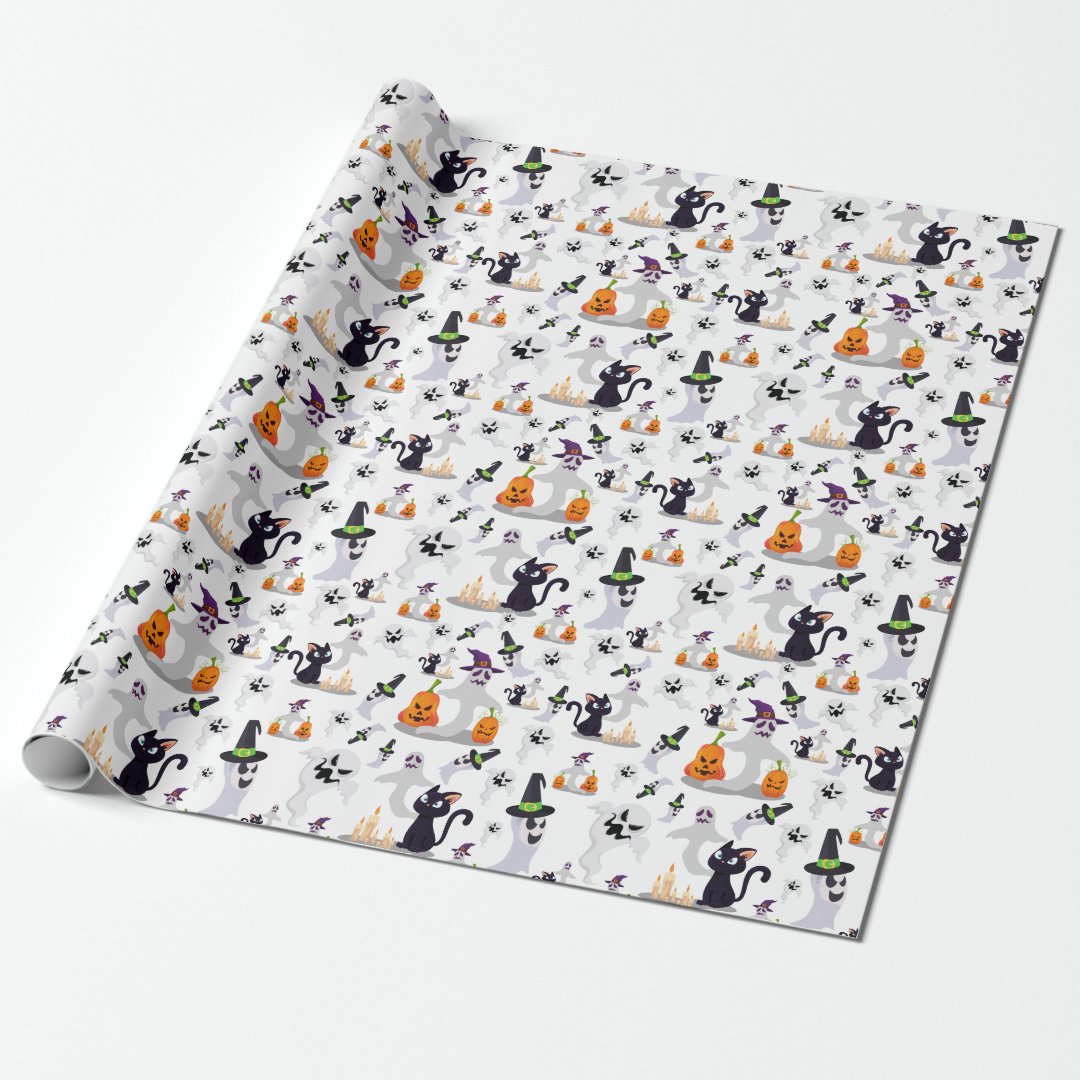 Spooky Halloween Ghost Creepy Pumpkin Scary Cat Wrapping Paper | Zazzle