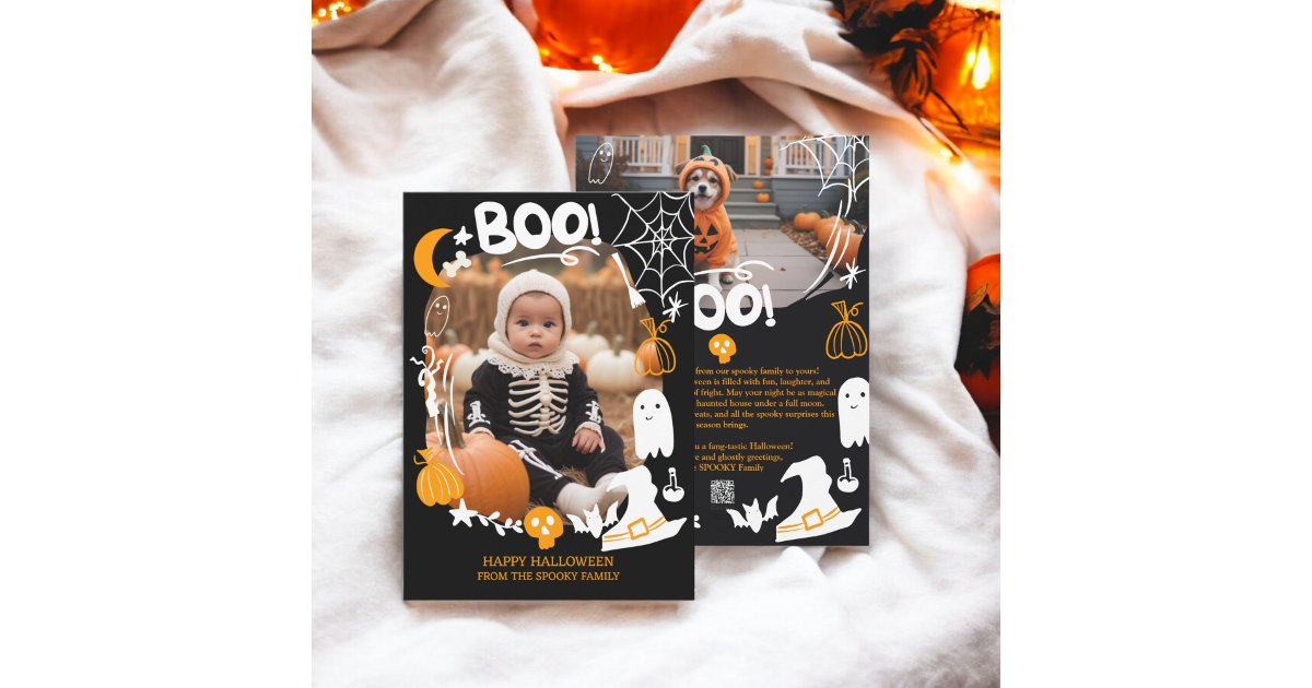 Spooky Halloween illustrations cute Boo 2 photos Holiday Card | Zazzle