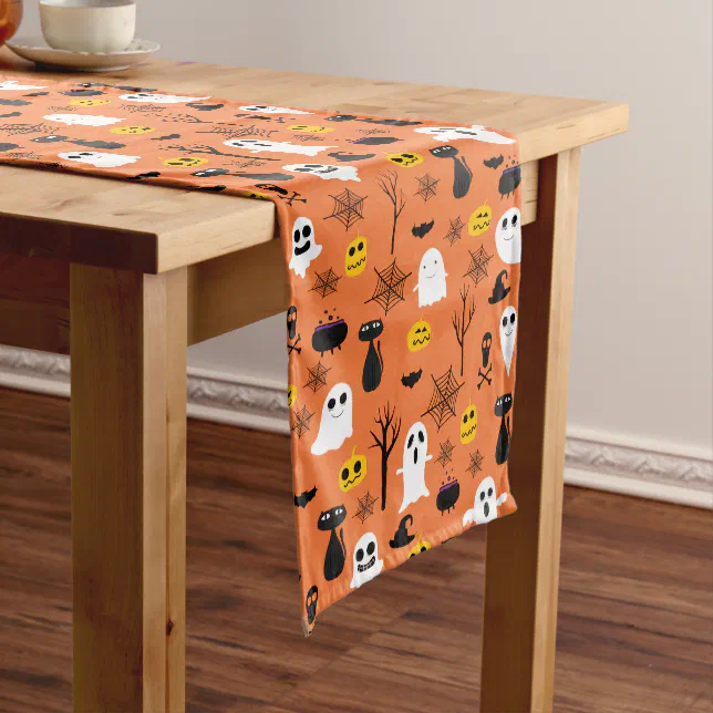 Spooky Halloween symbols seamless pattern Long Table Runner | Zazzle