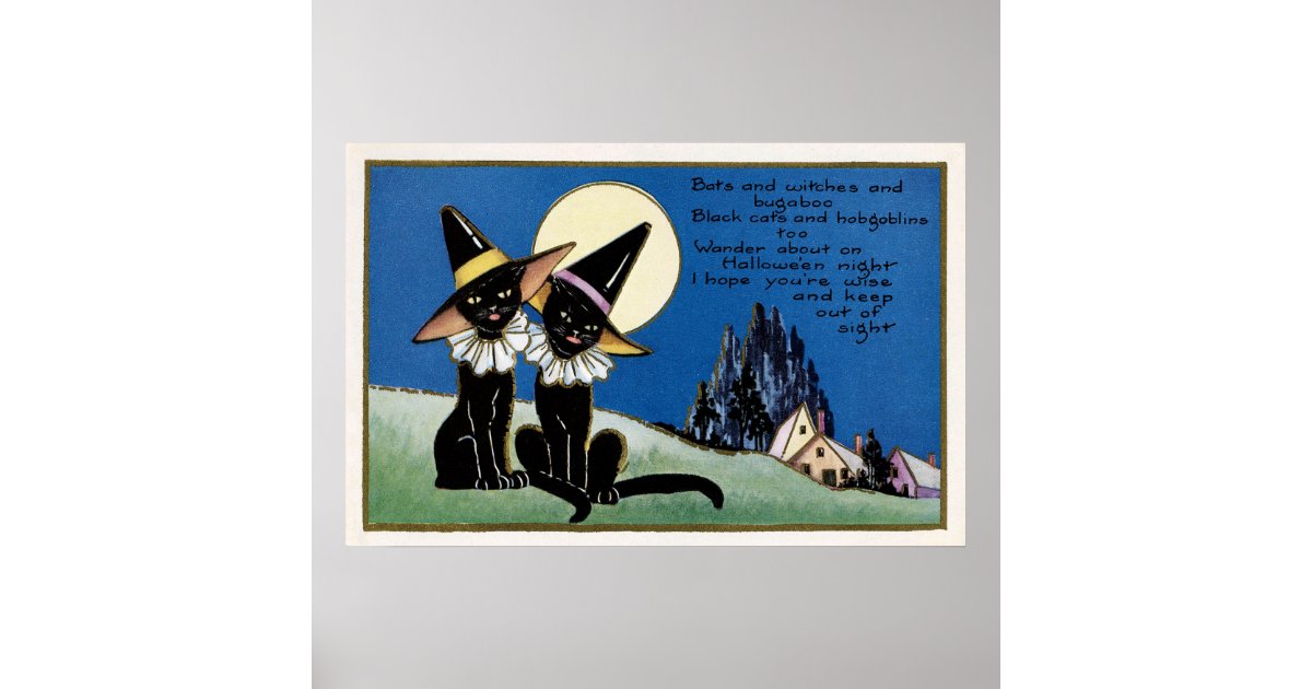 Spooky Halloween Vintage black cats decor poster | Zazzle