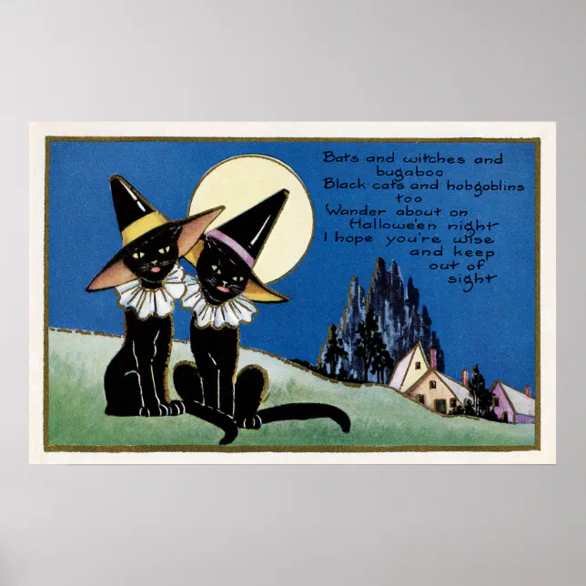 Spooky Halloween Vintage black cats decor poster | Zazzle